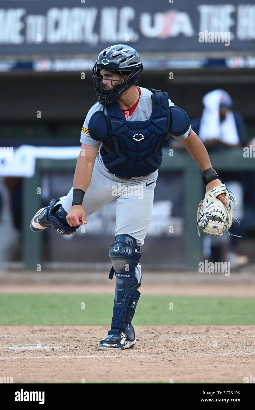 Team Stripes catcher Tyler Smith (33) (NC A&T) throws to second base ...