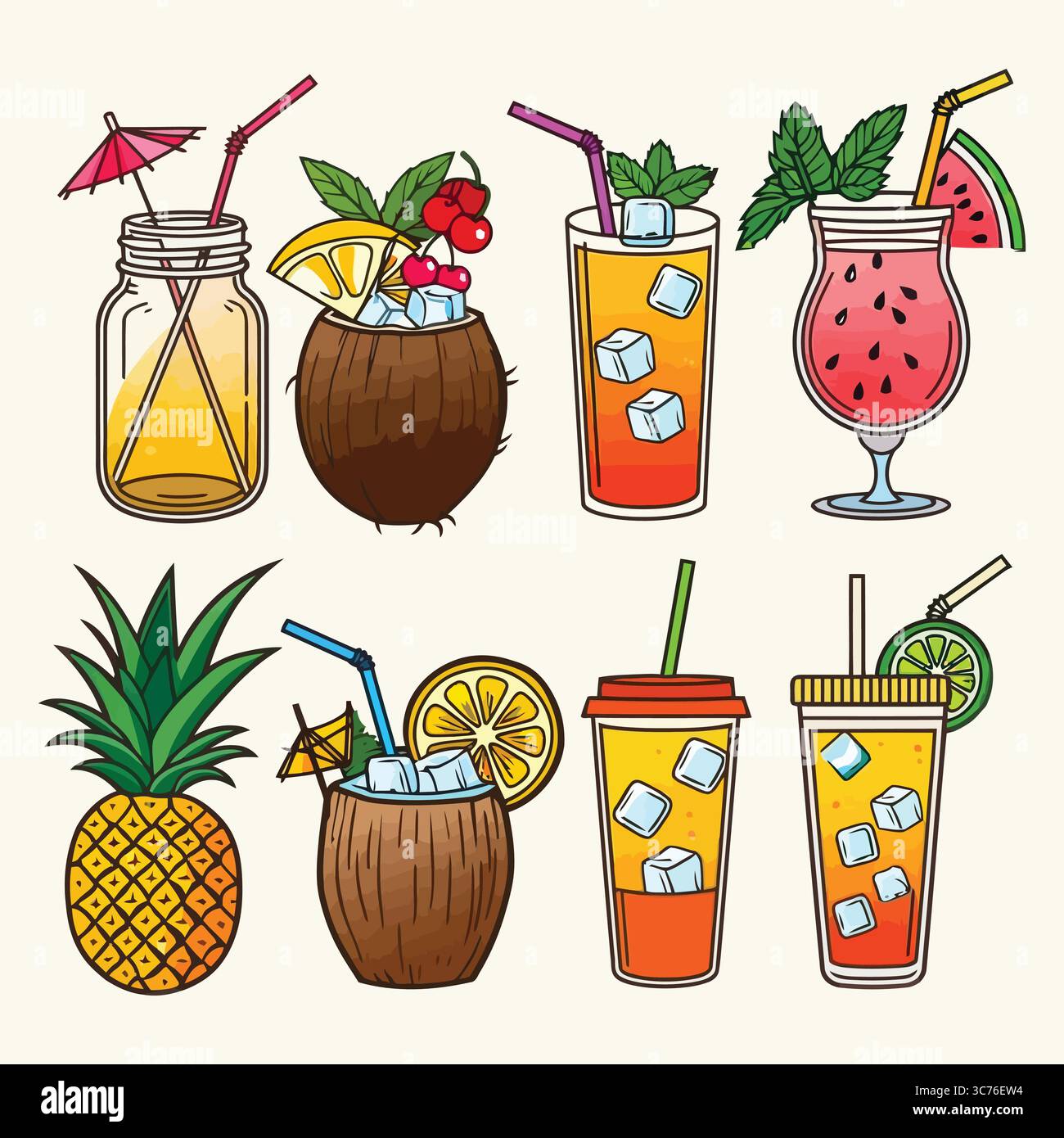 Tropical Cocktail Illustrations: Summer Drink Menu Graphics vibrant ...