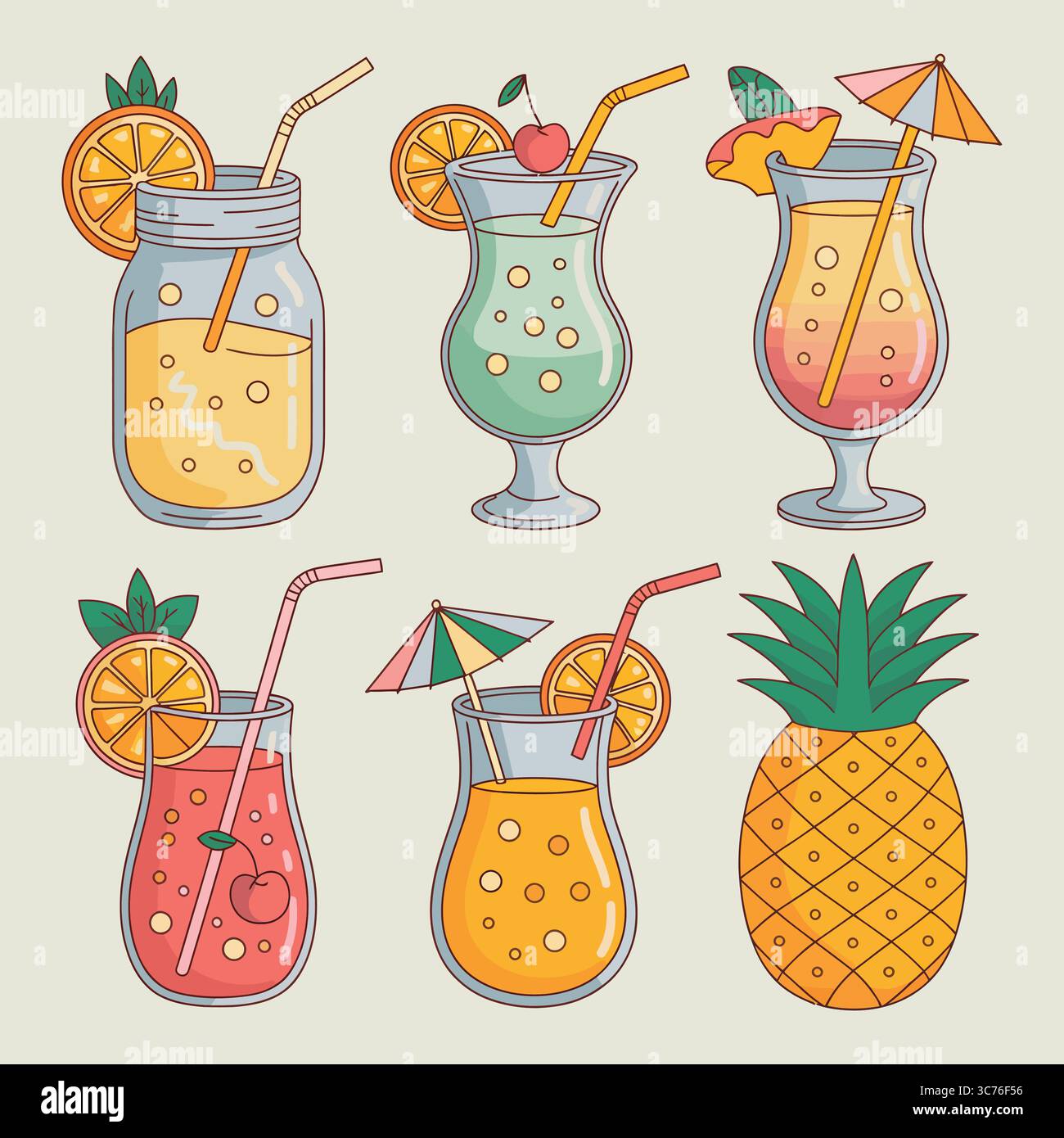 Summer Cocktails: Vibrant Mason Jar & Hurricane Drinks Illustration ...