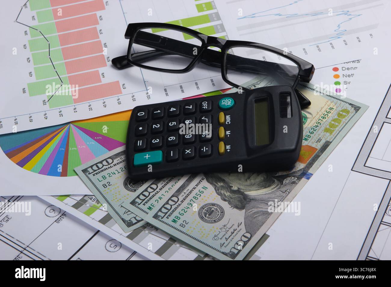 Classic eyeglasses, dollar bills, calculator with graphs and charts ...