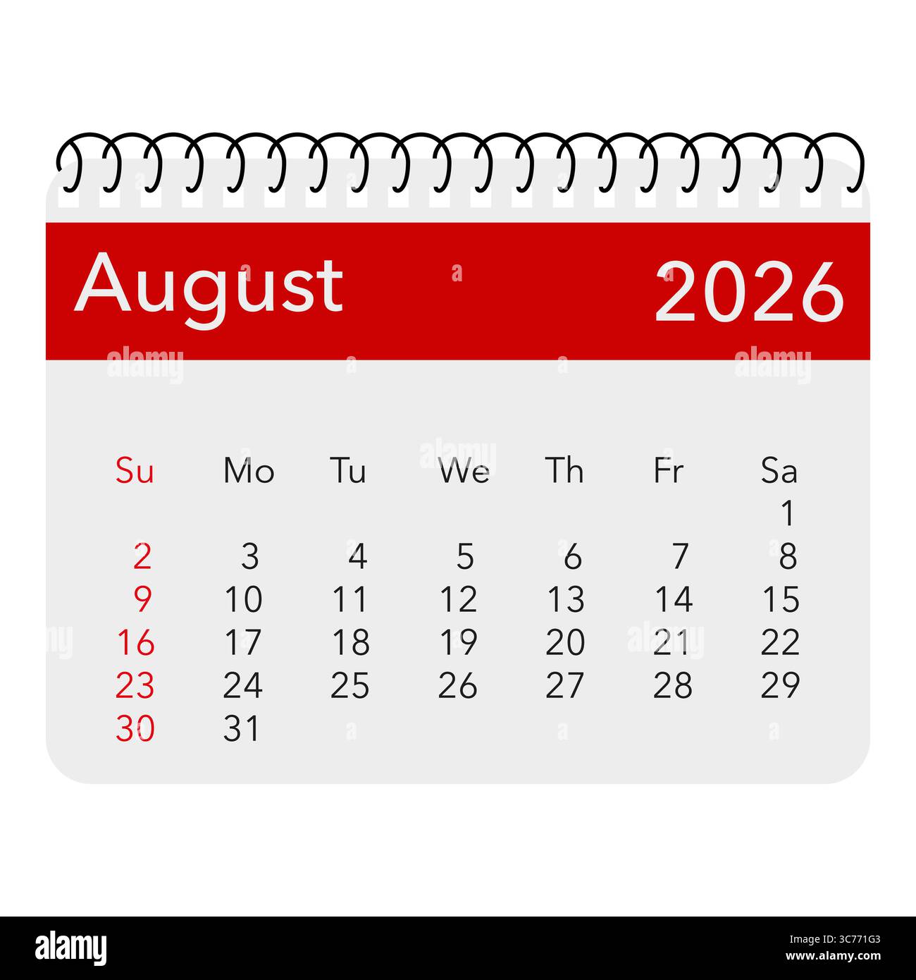 August date page. Spiral calendar icon. Red month vector. Simple time ...