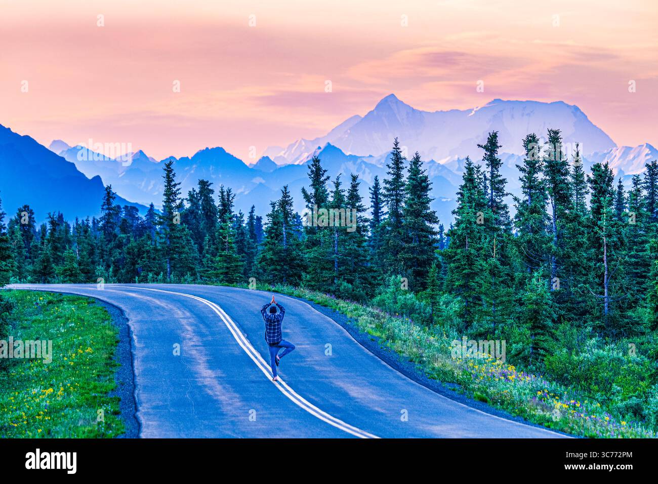 Mountain Road Tree Pose is demonstrated in Denali National Park, where ...