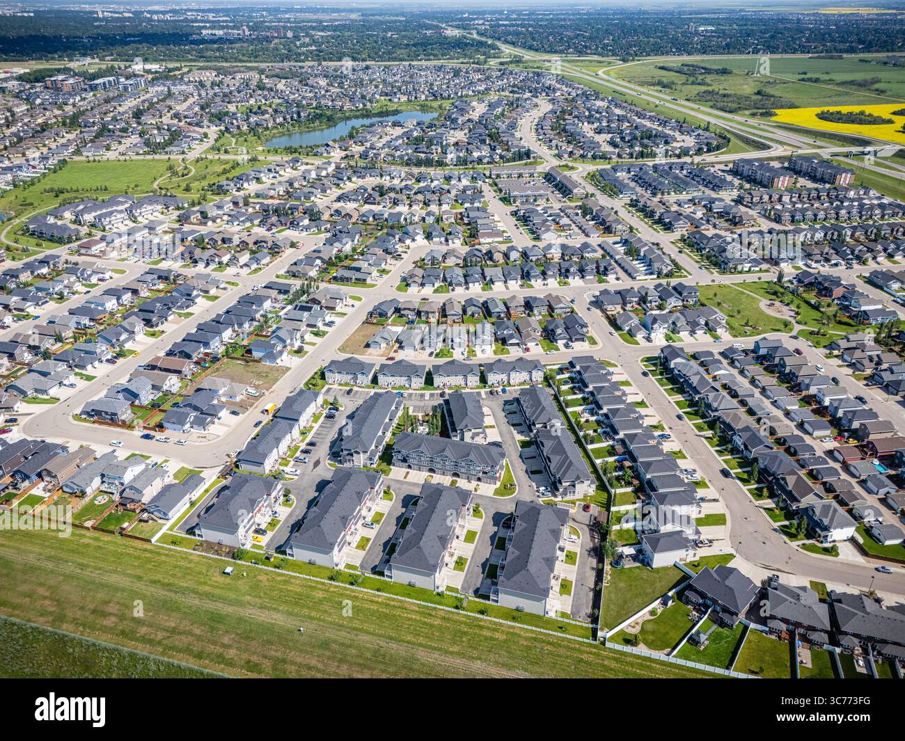 Large residential area with many houses and a few cars. The houses are ...