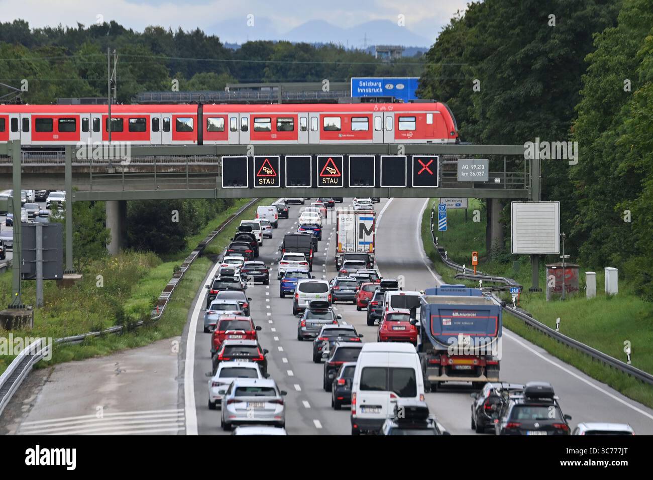 Traffic jam on the A99 motorway on August 1, 2025, after the start of ...