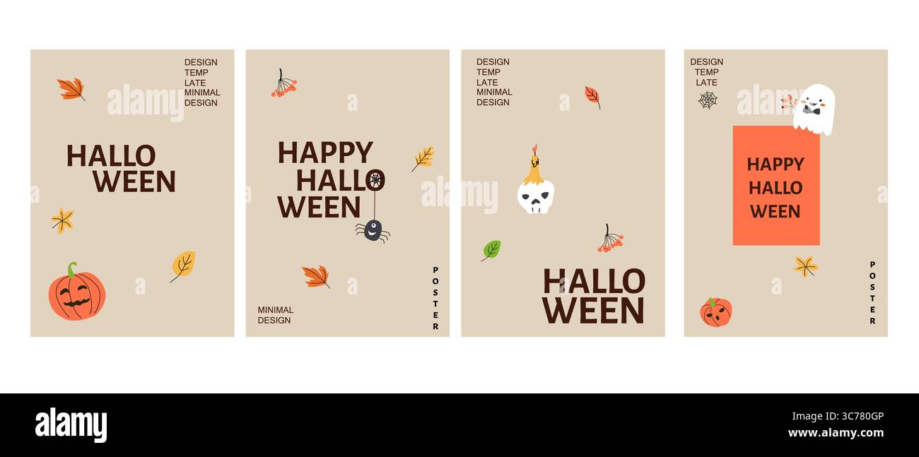 Minimalist halloween posters with pumpkins, ghosts, and leaves design ...
