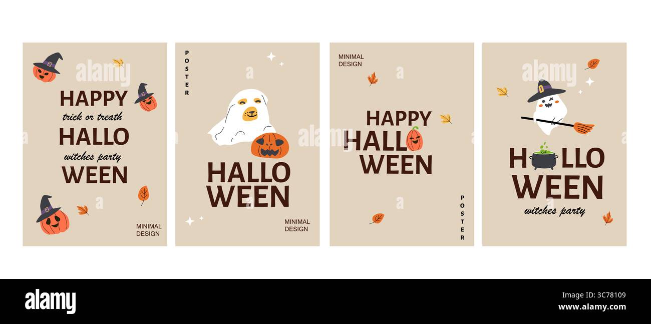 Minimalist halloween poster set with pumpkins ghosts and witch party ...