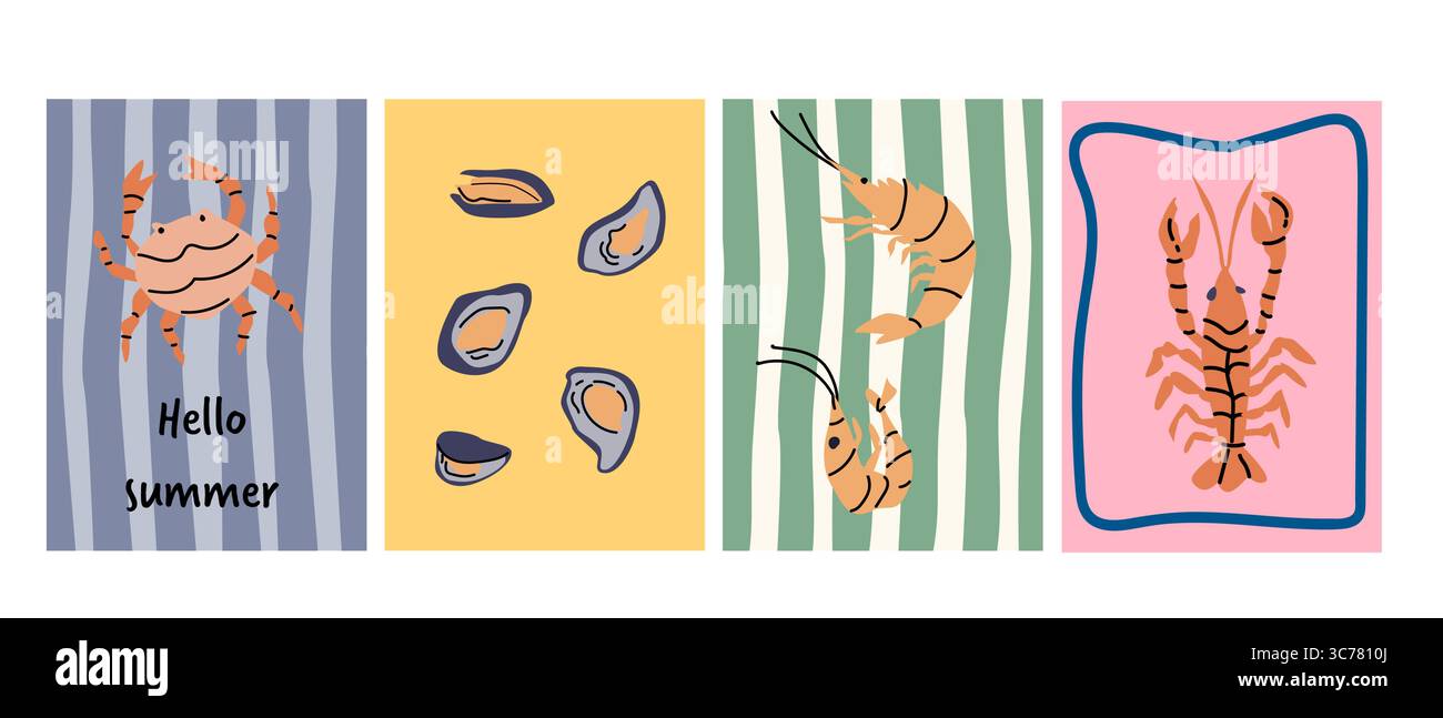 Colorful nautical art poster featuring crab, mussels, shrimp, and ...