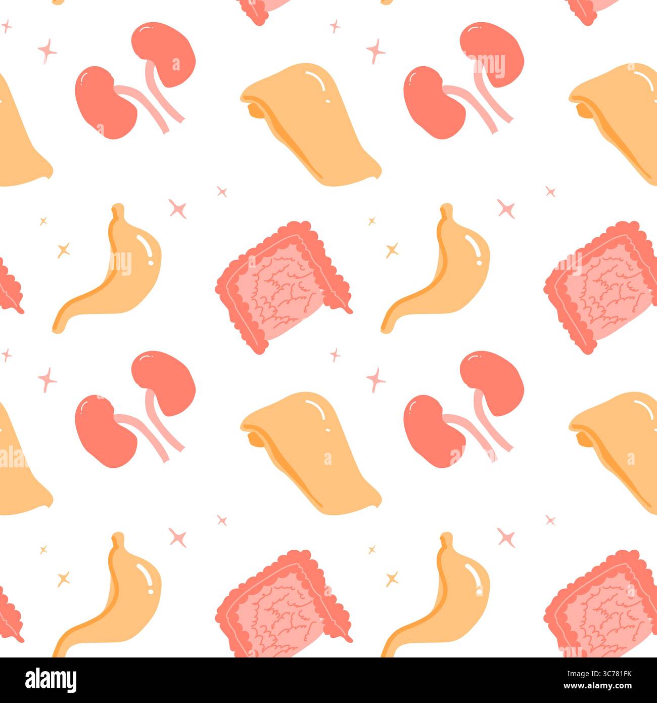 Seamless pattern with human abdominal organs - stomach, liver, kidneys ...