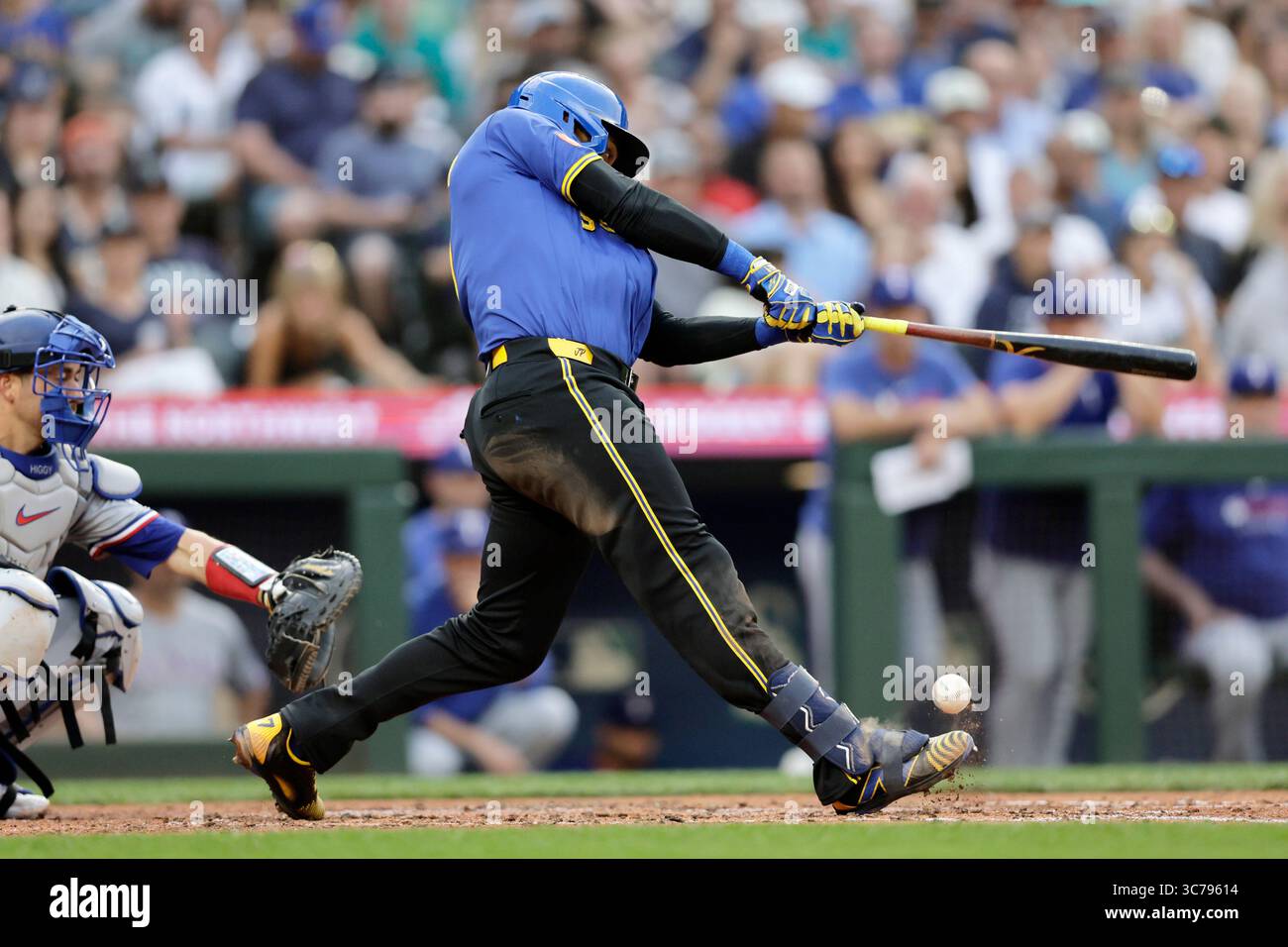 Seattle Mariners' Jorge Polanco fouls off his foot against the Texas ...