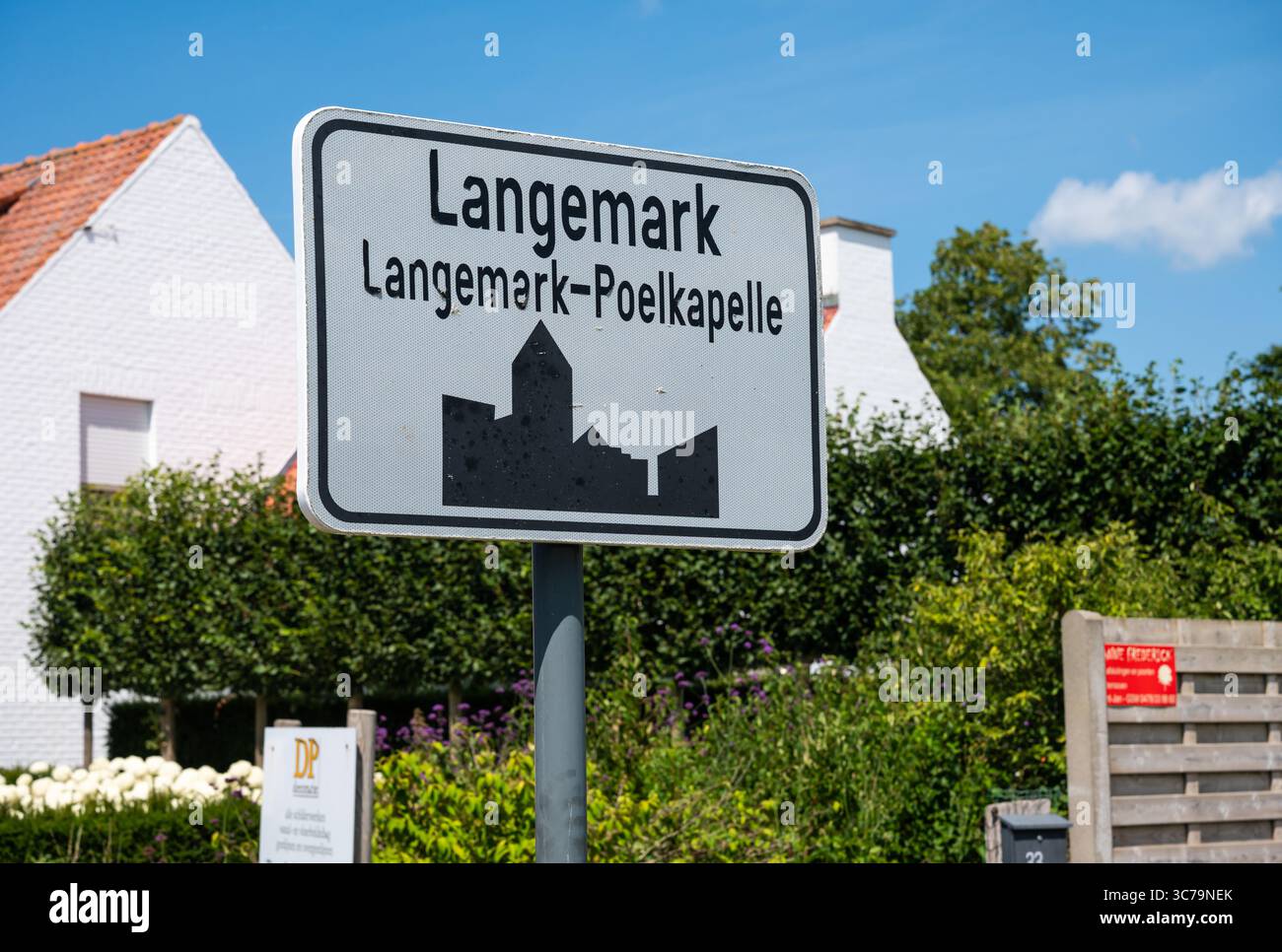 Road sign to the village of Langemark Poelkapelle, West Flanders ...