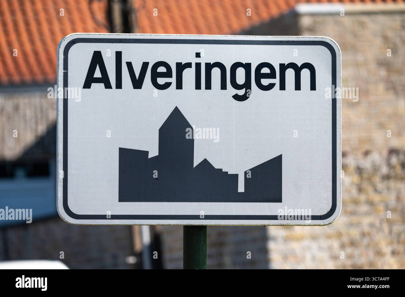 Road sign of the village of Alveringem, West Flanders, Belgium 9 July ...