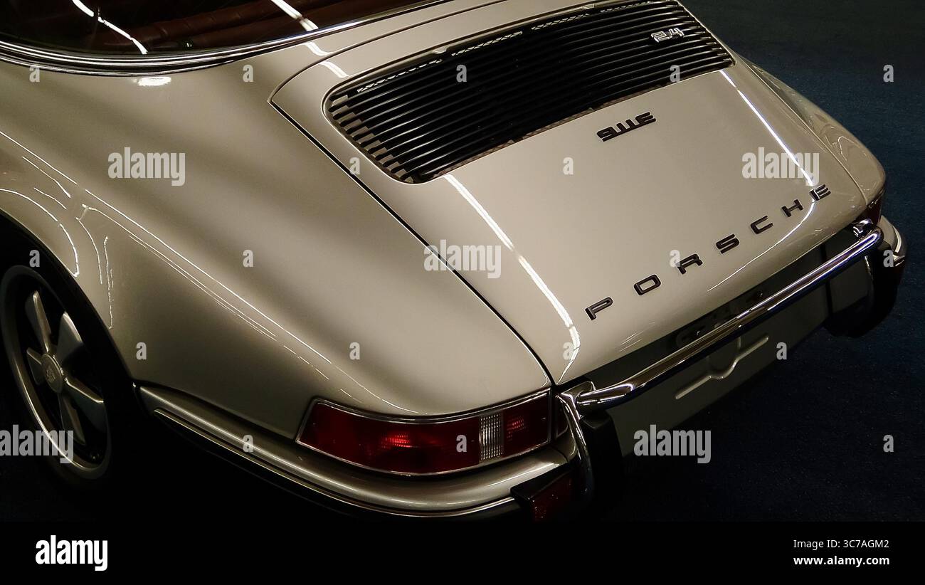 Close-up of the rear of a classic silver Porsche 911 Coupé 2.4, with ...