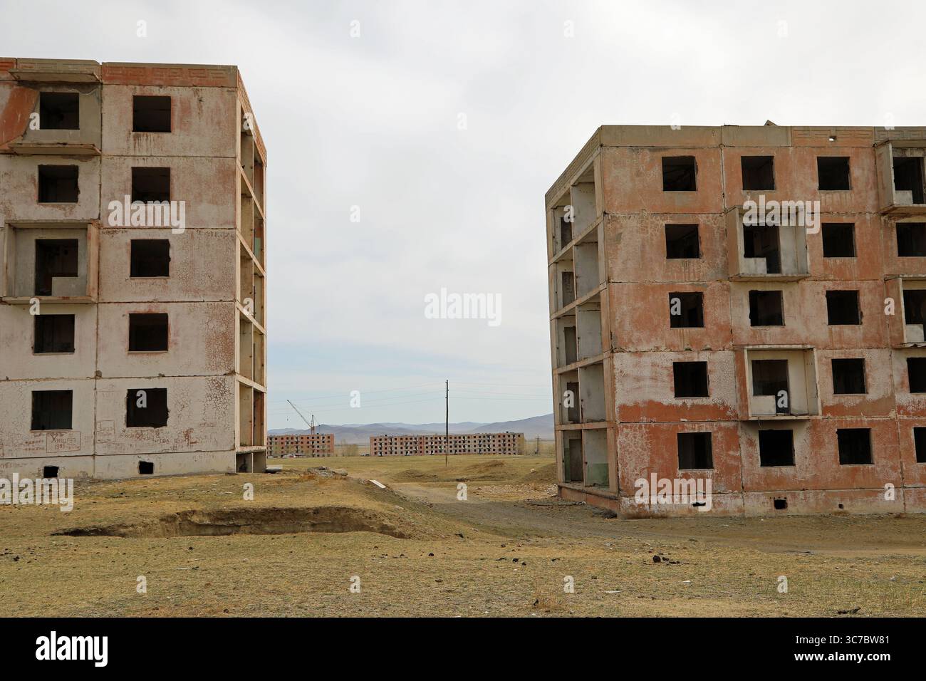 Concrete prefabricated buildings at abandoned Baganuur military base in ...