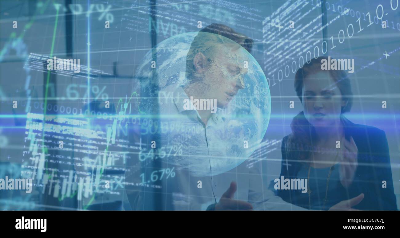 Analyzing two business professionals exchanging insights in conference ...