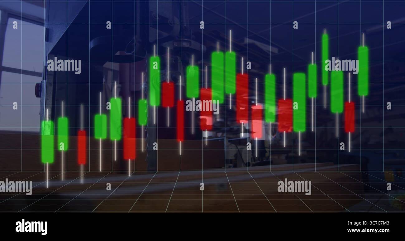 Floating 3D candlestick chart with grid and red green bars hovering on ...