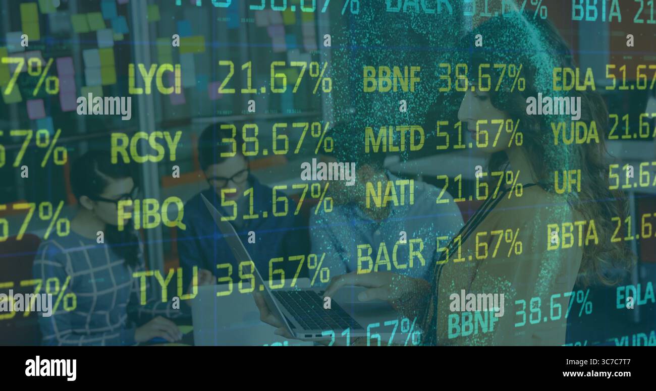 Collaborating professionals analyzing ticker overlay on laptop in ...
