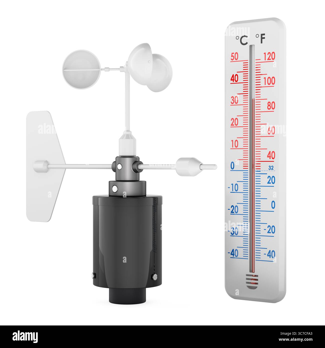 Anemometer with weather thermometer. 3D rendering isolated on white ...