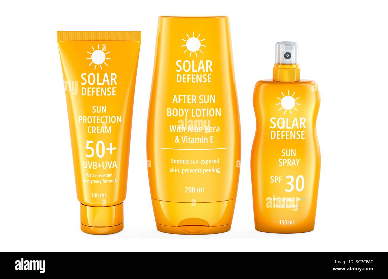 Sun protection cream, after sun lotion and sun spray. 3D rendering ...
