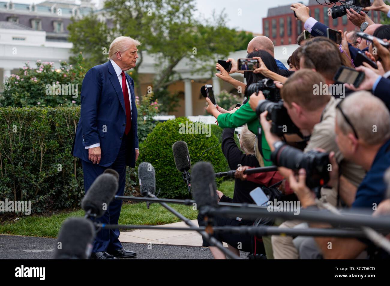 United States President Donald J Trump gives remarks to the media as he ...