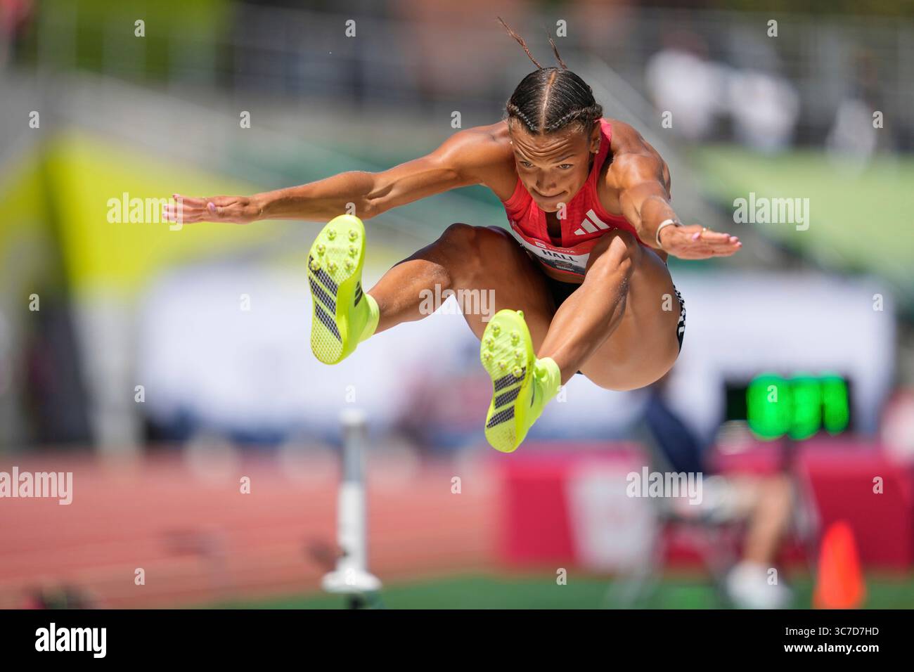 Anna Hall competes in the women's heptathlon long jump during the U.S ...