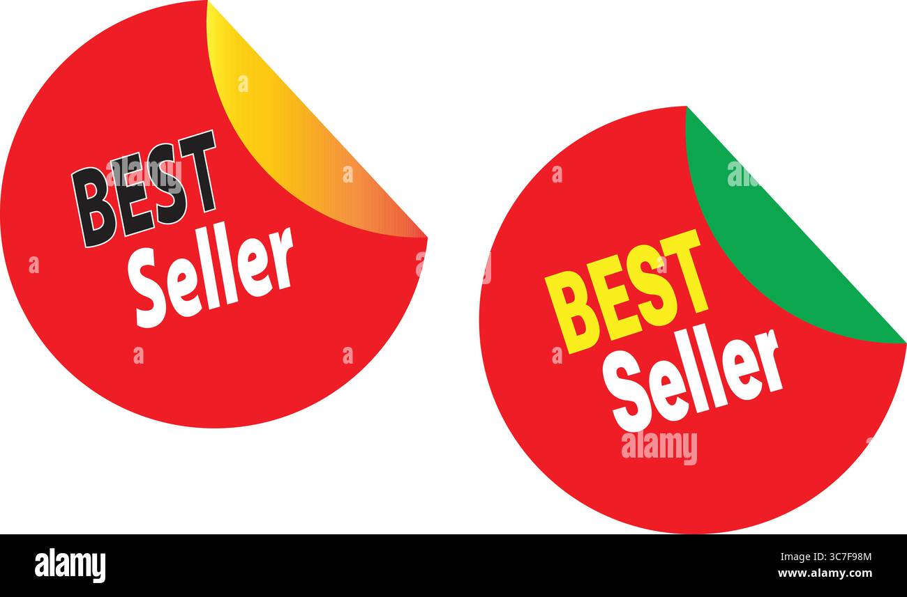 Red circular best seller peel sticker label design with turned corner ...