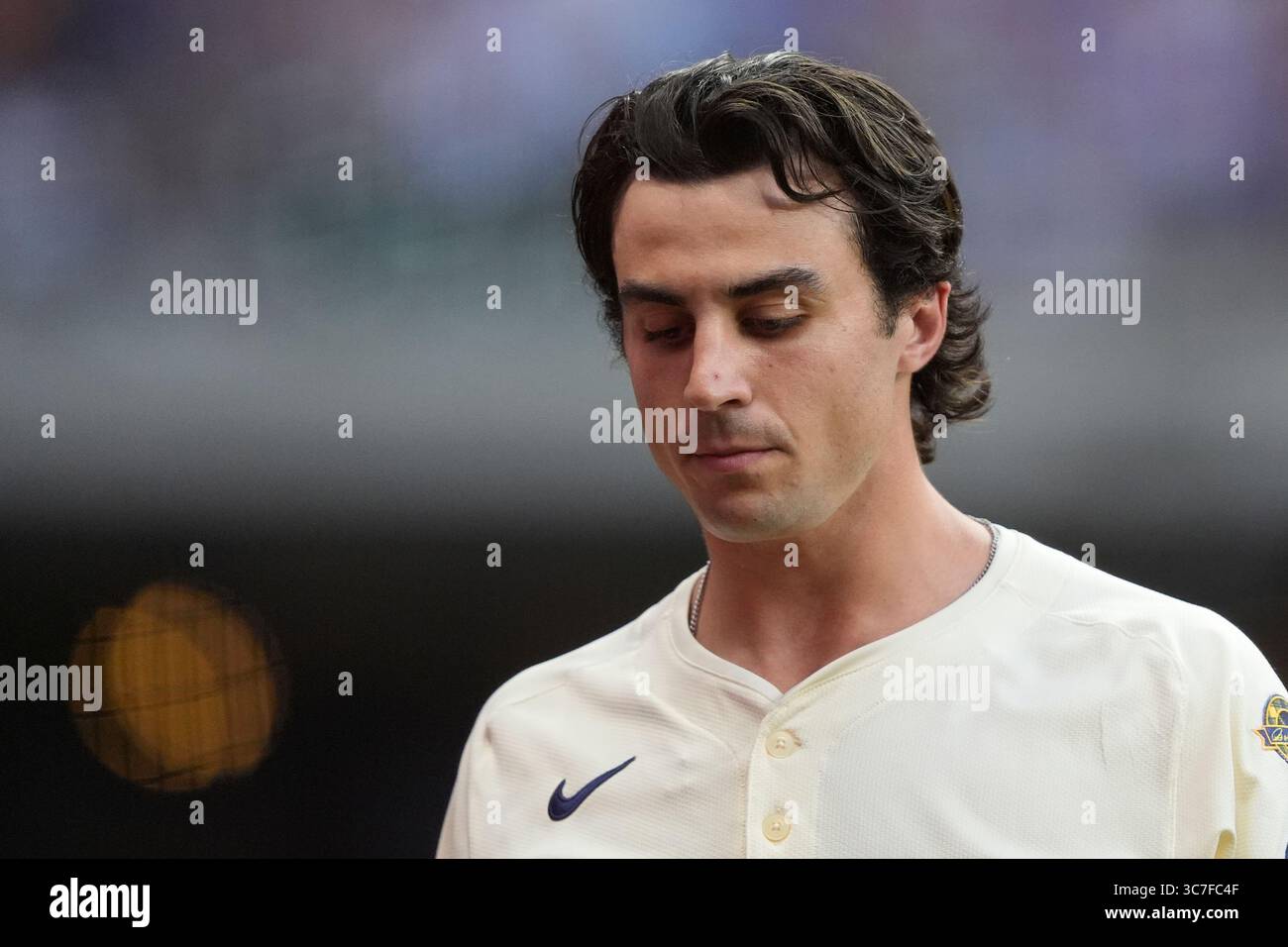 Milwaukee Brewers' Sal Frelick looks on during a baseball game against ...
