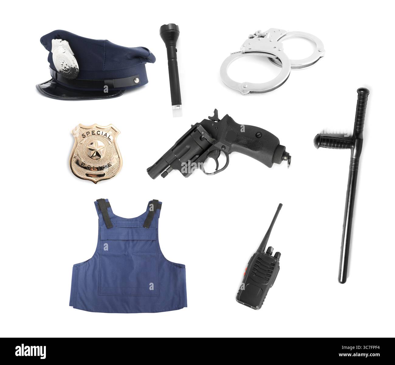 Set of police equipment isolated on white Stock Photo - Alamy