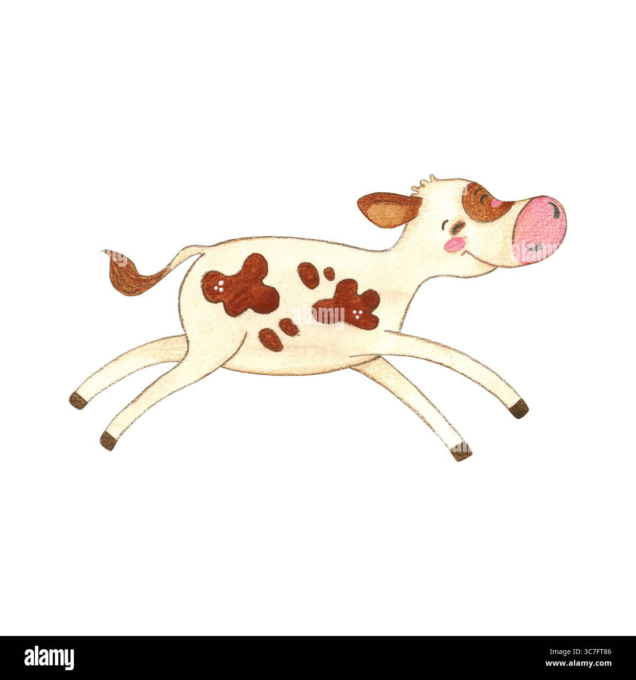 Joyfully jumping white calf with red spots. Watercolor illustration ...