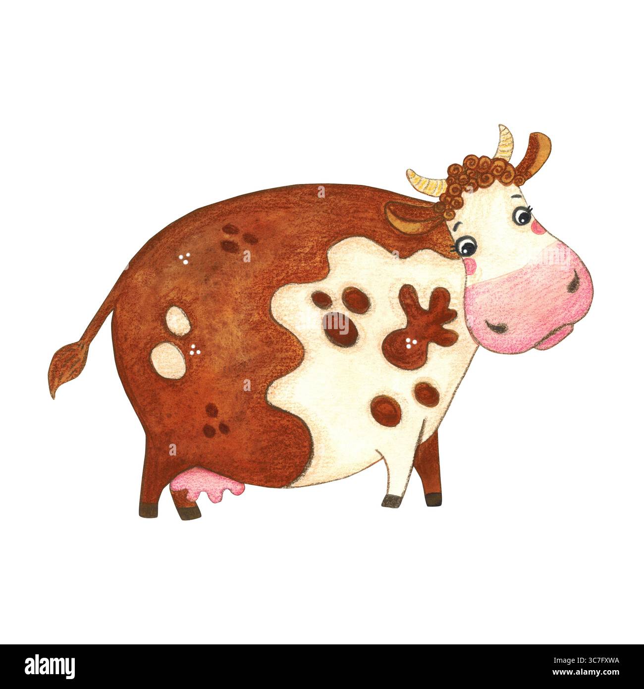 Red spotted cow. Watercolor illustration hand drawn, cartoon. Drawing ...