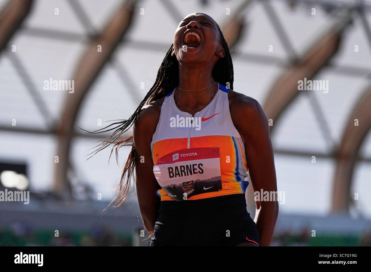 Sanaa Barnes reacts as she competes in the women's high jump finals ...
