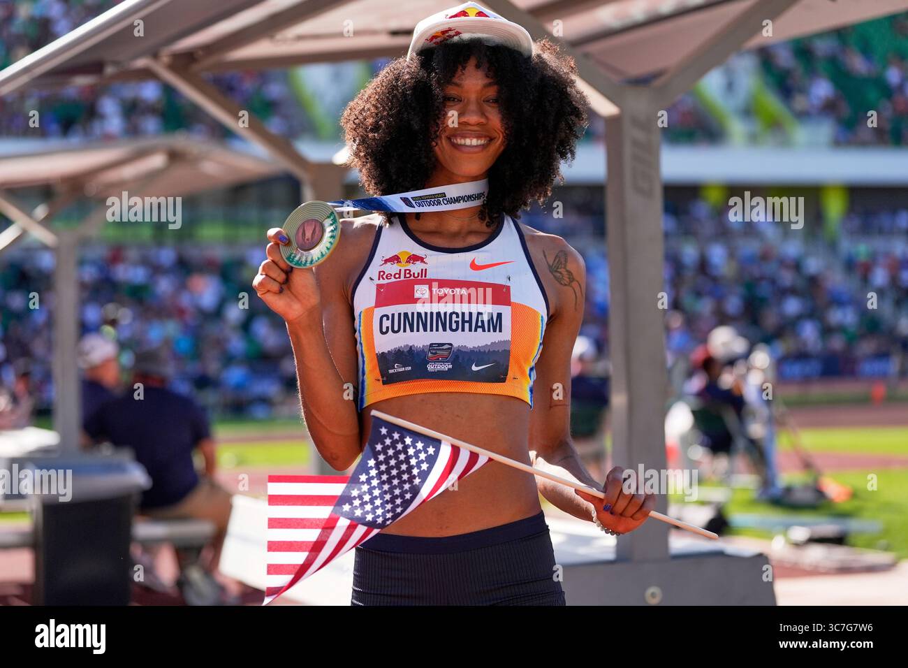 Vashti Cunningham reacts after winning the women's high jump finals ...