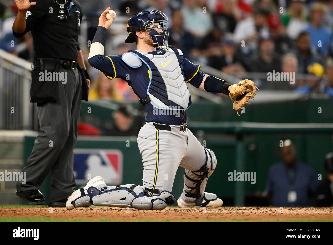 Milwaukee Brewers catcher Danny Jansen throws during the fourth inning ...