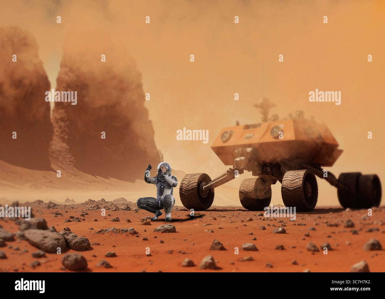 Illustration of a vehicle and astronaut on Mars Stock Photo - Alamy