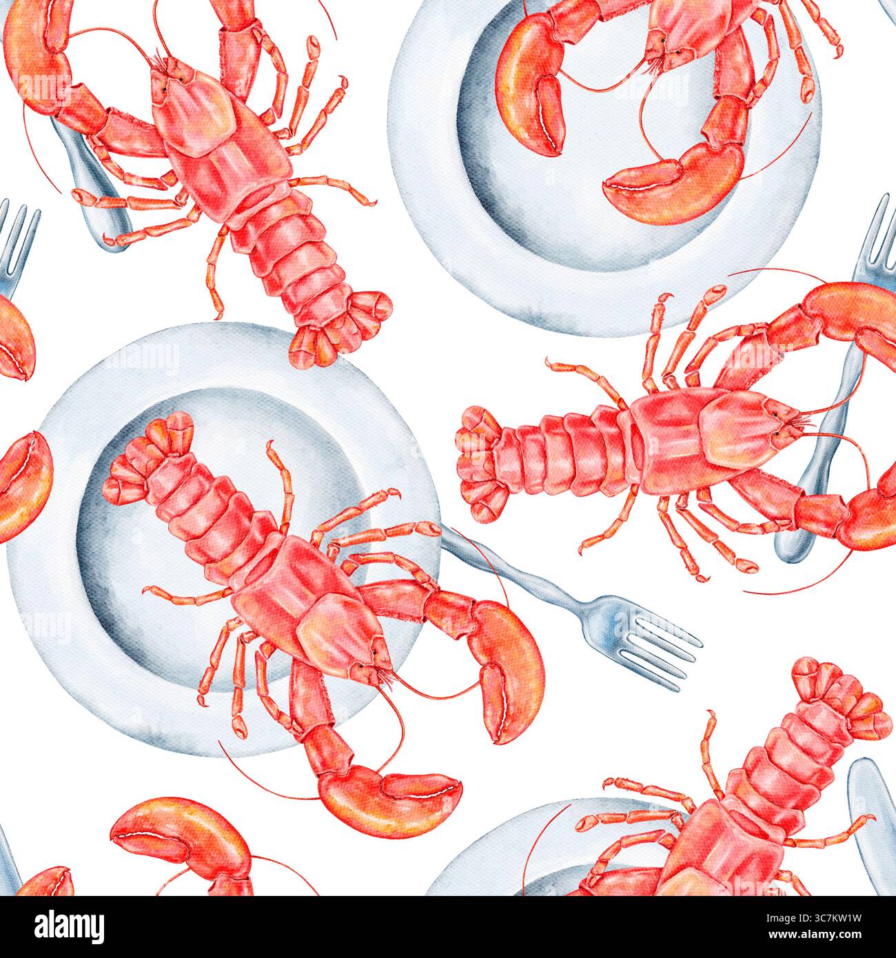 Seamless seafood pattern with red lobsters, silver plates, and forks on ...