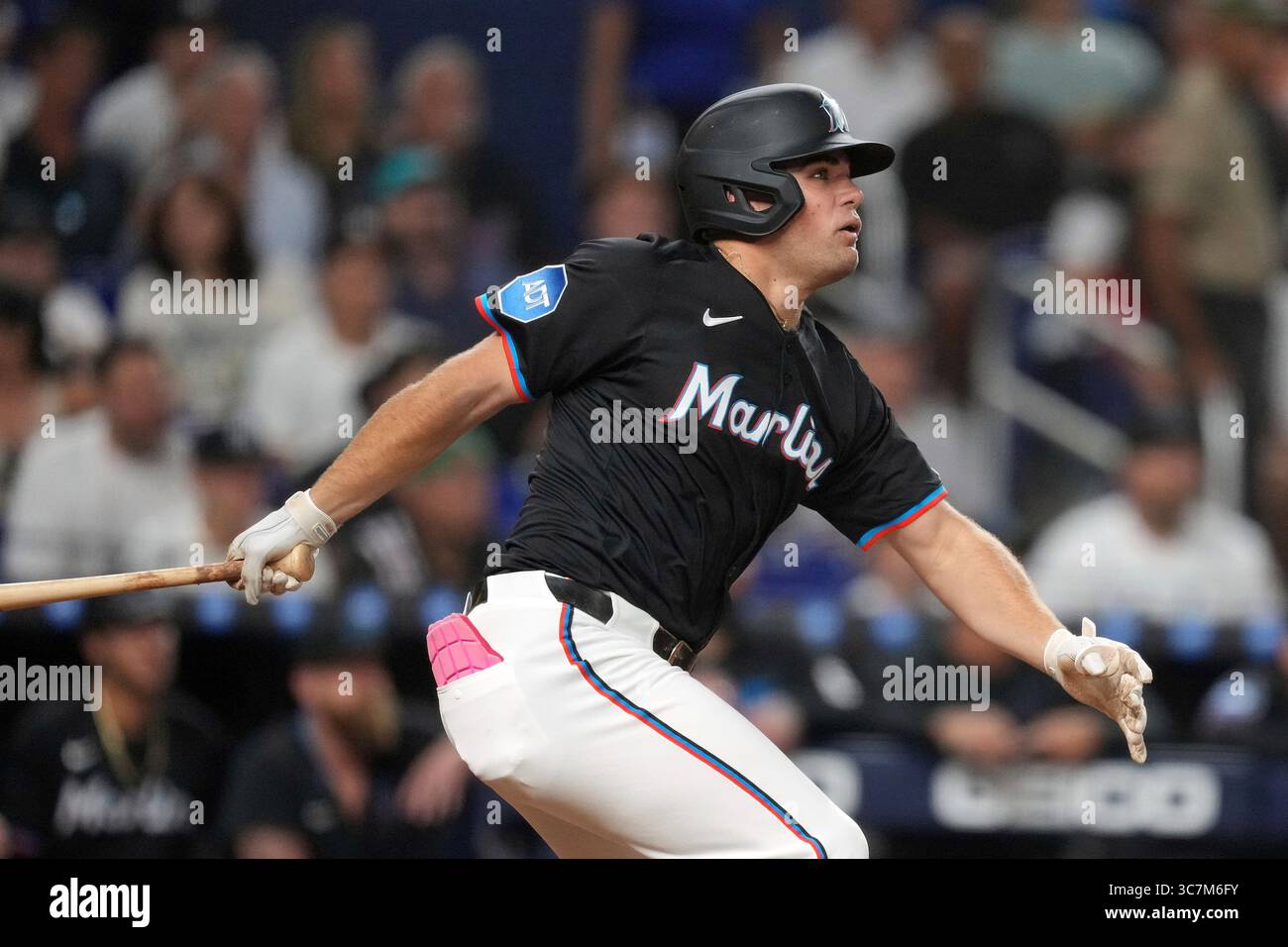 Miami Marlins' Jakob Marsee hits a double in the seventh inning of a ...