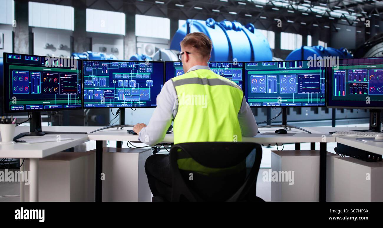 Engineer Monitoring Gas Power Plant Control Room Screen For Operations ...