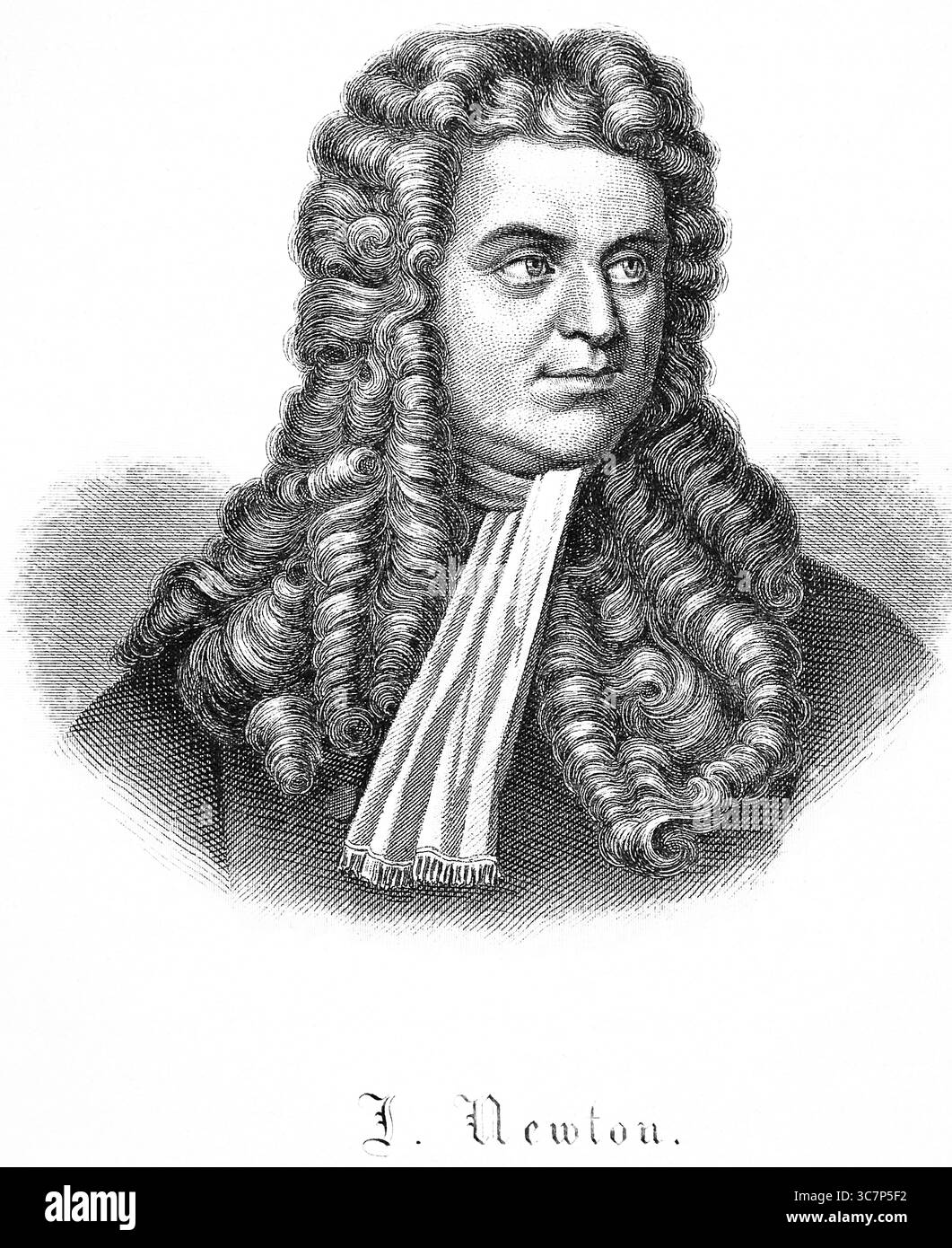 Portrait of Isaac Newton (1642-1726) steel engraving, curly wig ...