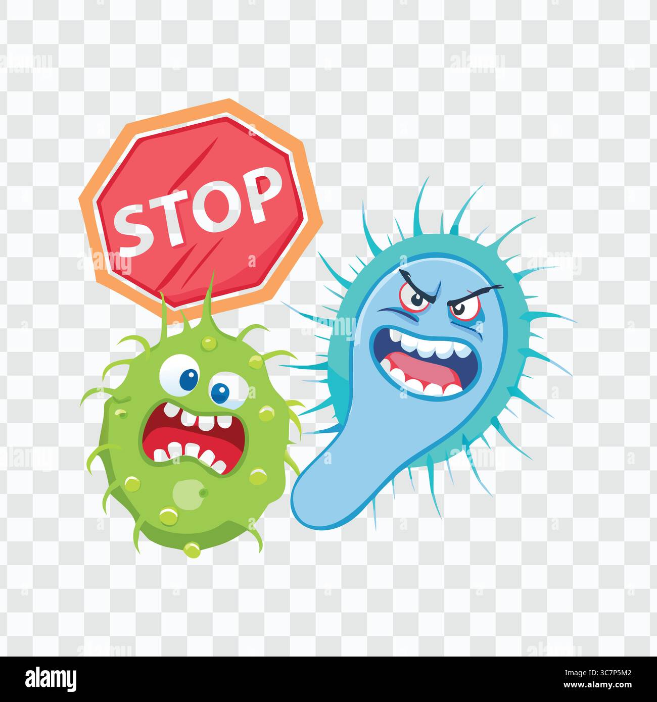 Angry Cartoon Germs with Stop Sign for Virus Prevention and Health ...