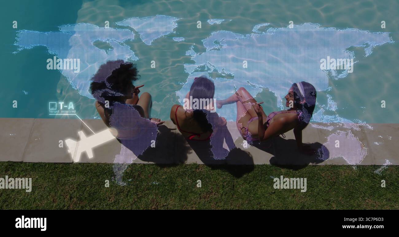 Sitting women in swimsuits dangling legs over coping at backyard pool ...