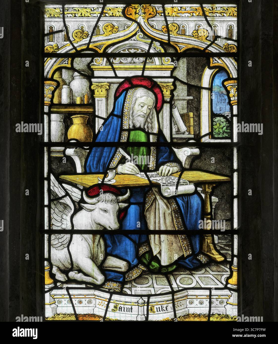 Stained glass window, of the gospel writer Luke, in All Saints anglo ...