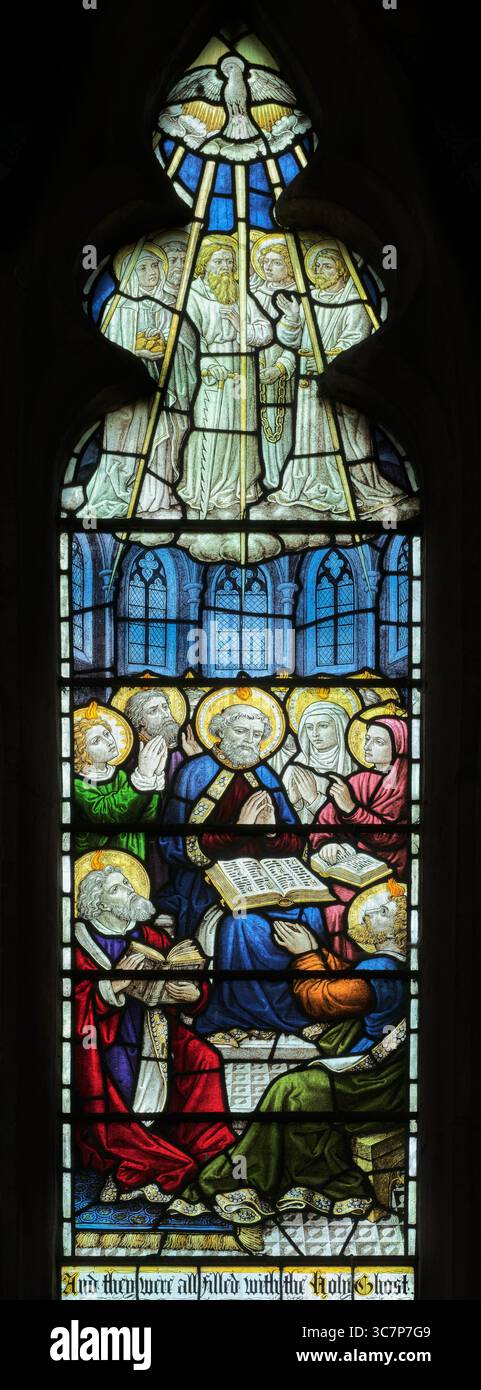 Stained glass window, of the Holy Ghost coming to the apostles of Jesus ...