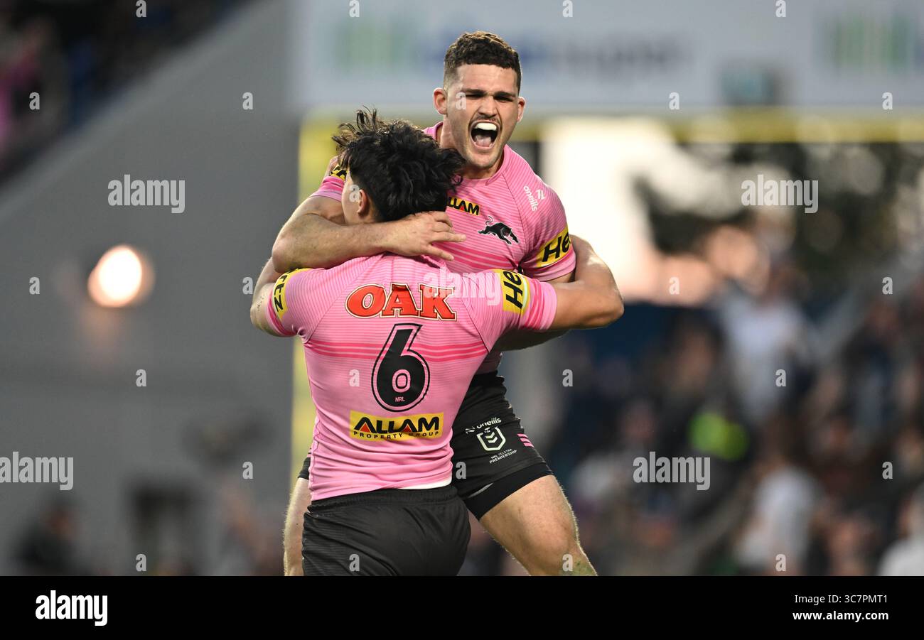 Nathan Cleary of the Panthers reacts with Blaize Talagi after Talagi ...