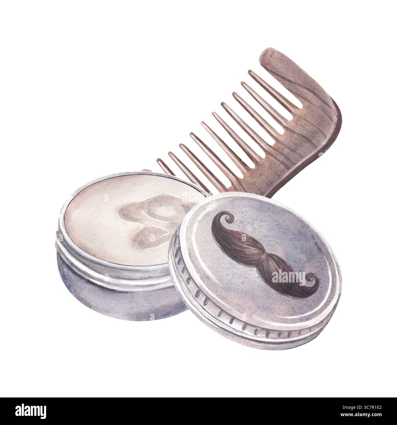 Mustache opened twist-up metal tin, wax, featuring mustache, comb. Hand ...
