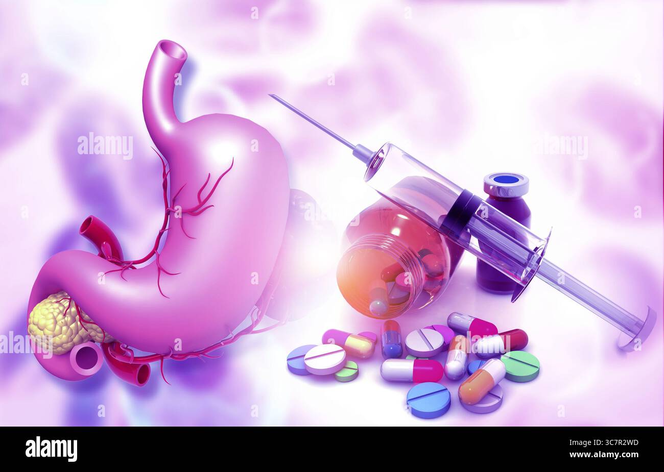 Anatomy of stomach with pharmaceutical medicine. glass bottle, pills ...