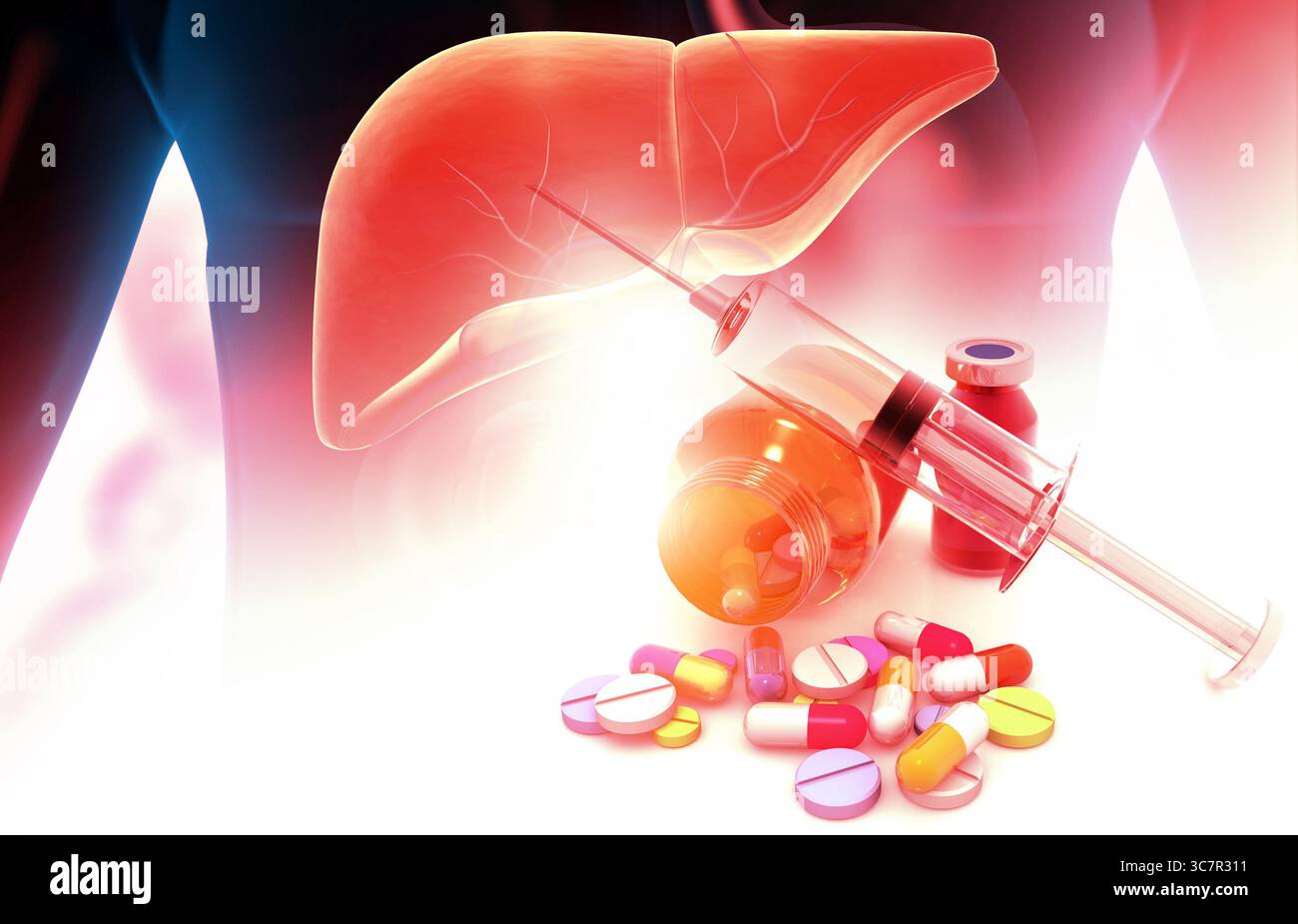 Anatomy of liver with pharmaceutical medicine. glass bottle, pills and ...