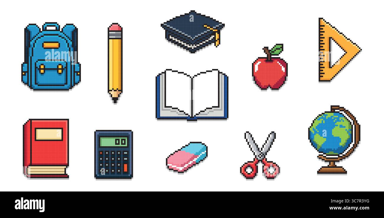 Set of school supplies icons in pixel art style, objects, 8 bit, on ...