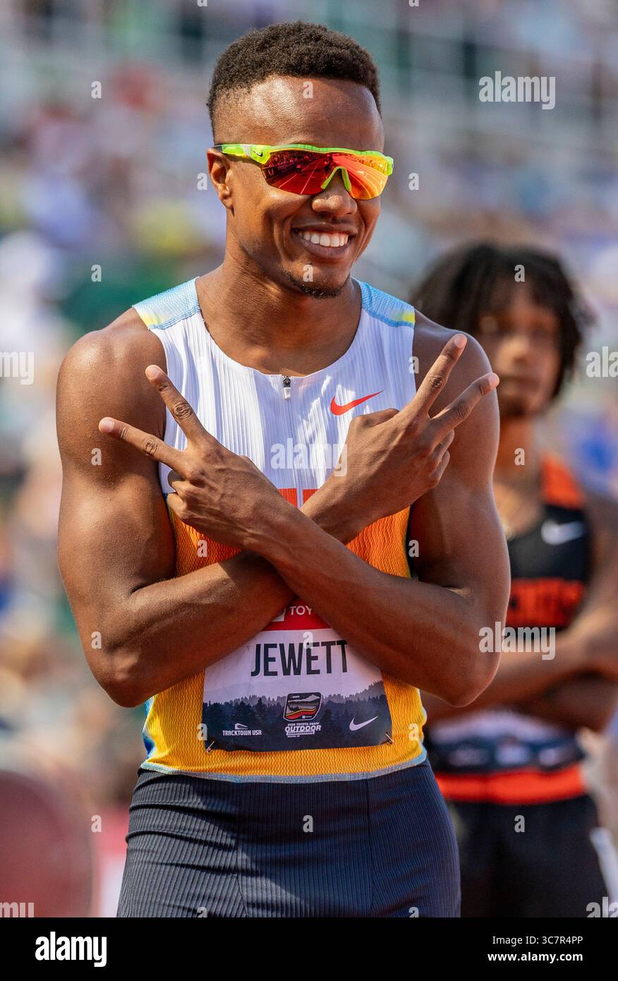August 01 2025 Eugene, OR U.S.A. 800 meters athlete Isaiah Jewett before the start of the race ...