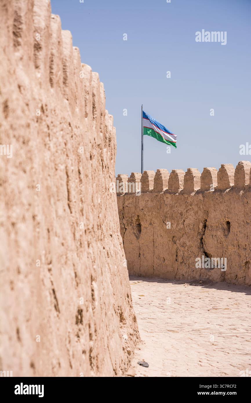 View along the ancient mudbrick walls of Khiva, Uzbekistan, with the ...