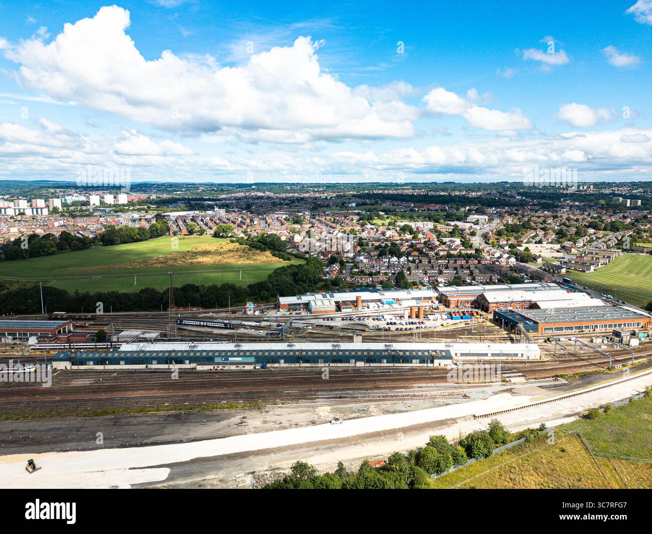 Aerial view of Neville Hill train maintenance depot in Leeds, West ...