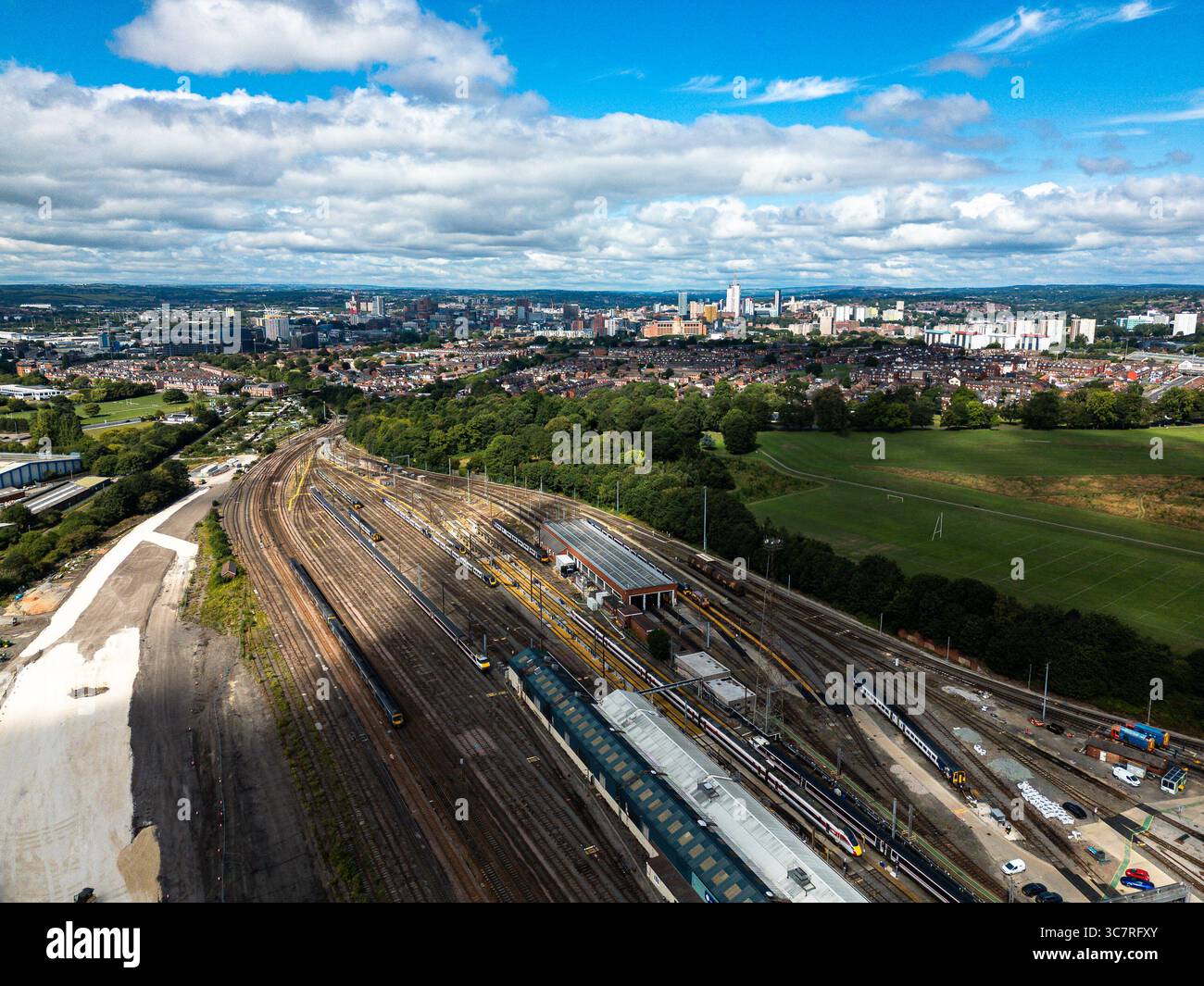 Aerial view of Neville Hill train maintenance depot in Leeds, West ...